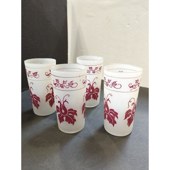 Unmarked | Dining | 4 Kitschy 96s Red Floral Frosted Glass Tumblers Mid ...